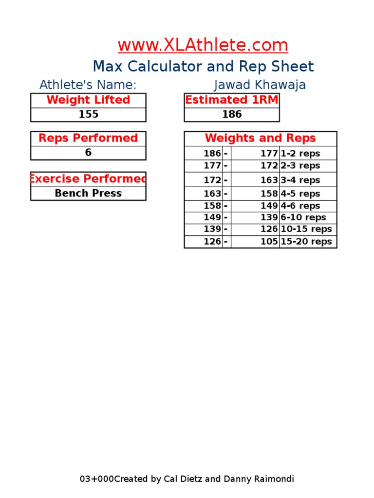 Max Bench Press Calculator Sheet | PDF