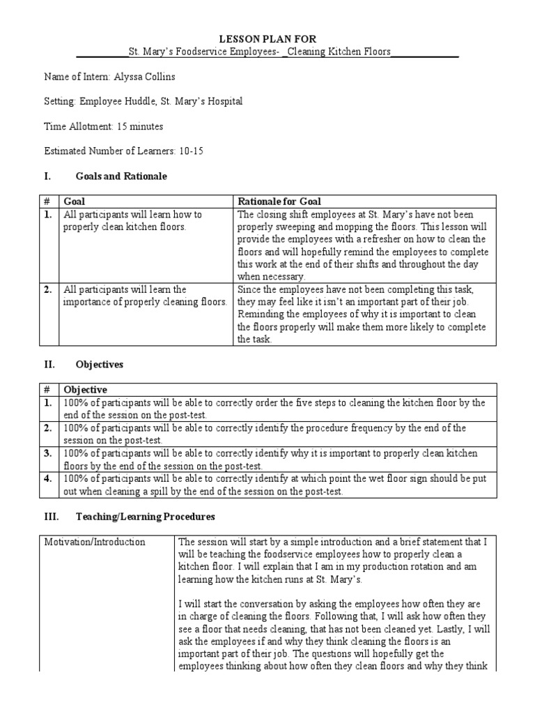 Floors Lesson Plan Outline | PDF | Housekeeping | Cognition