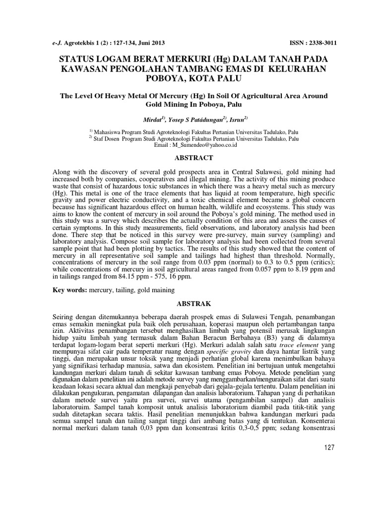 Status Logam Berat Merkuri (HG) Dalam Tanah Pada | PDF