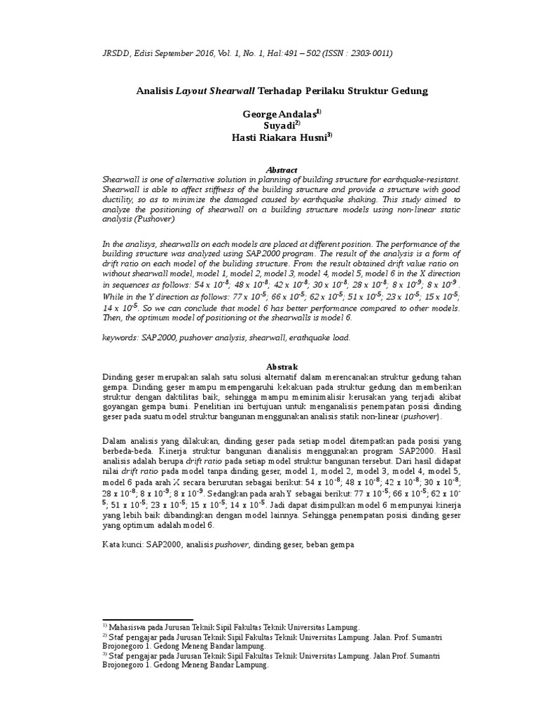 Jurnal Unila. Analisis Layout Shearwall Terhadap Perilaku Struktur Gedung (UNILA) | PDF