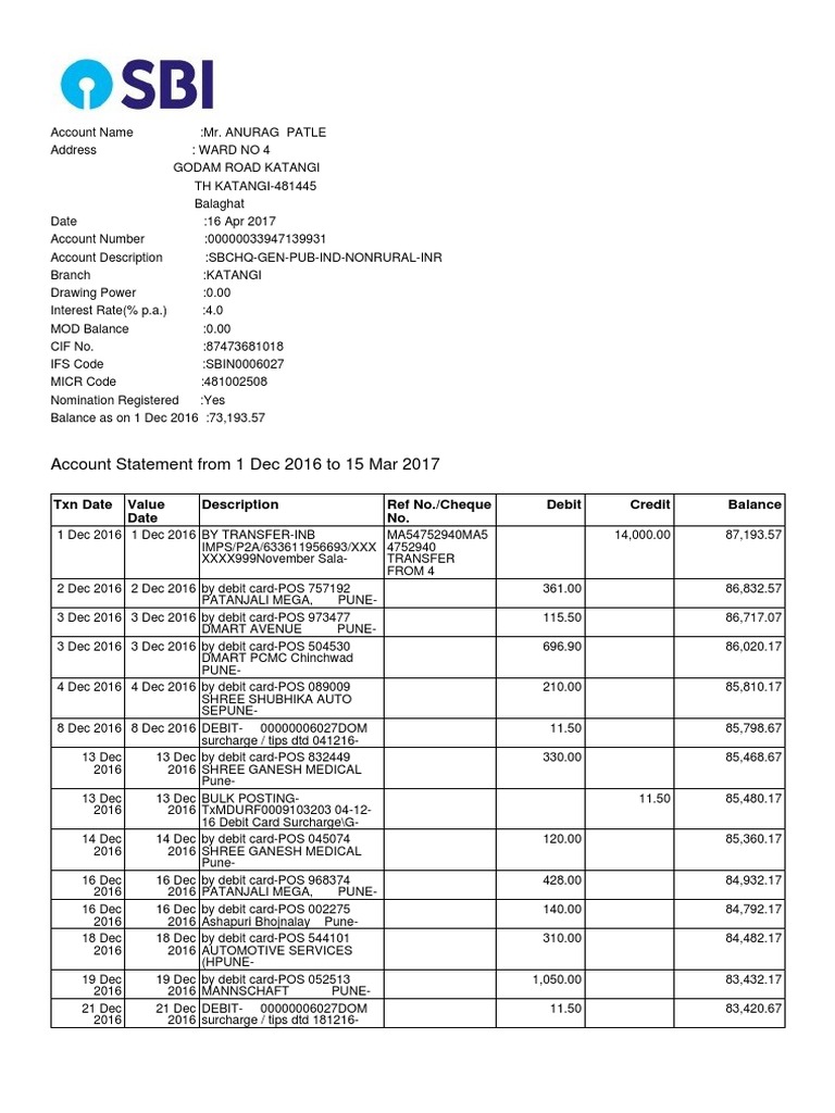 SBI Account Statement Sample PDF | PDF | Debit Card | Credit Card