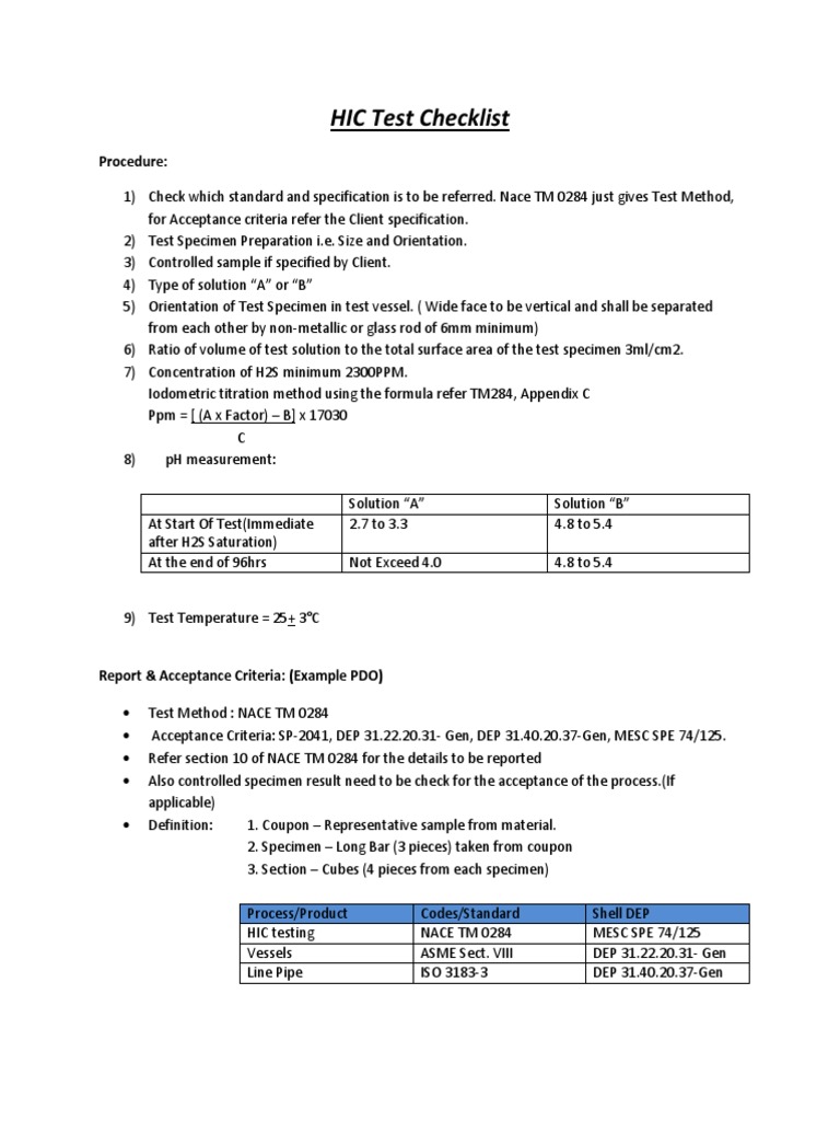HIC Test Checklist | Download Free PDF | Chemistry | Applied And ...