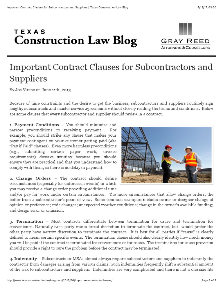 Important Contract Clauses For Subcontractors and Suppliers | PDF ...