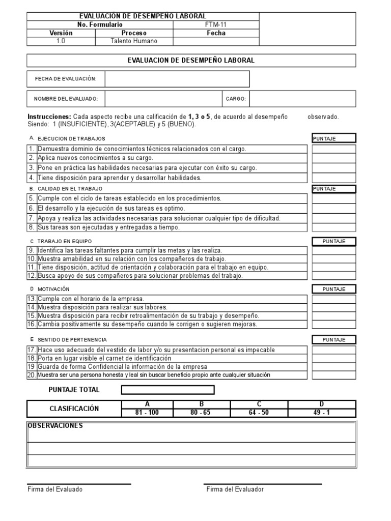 Evaluación de Desempeño Laboral Formato | PDF | Evaluación
