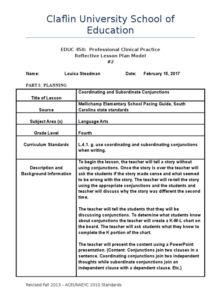 Educ 450 - Reflective Lesson Plan-2 - Conjunctions | PDF | Educational ...