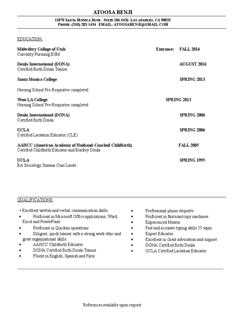 atoosa benji resume 2016 | Doula | Nursing | Free 30-day Trial | Scribd