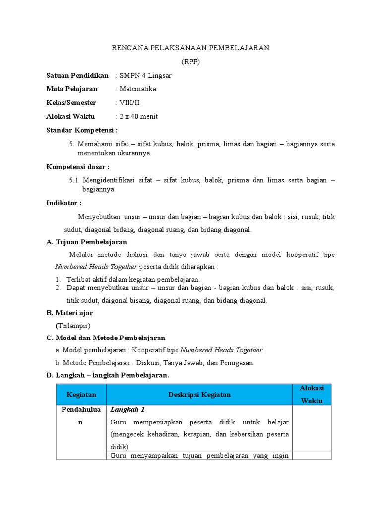 RPP Unsur Kubus Dan Balok Model NHT | PDF