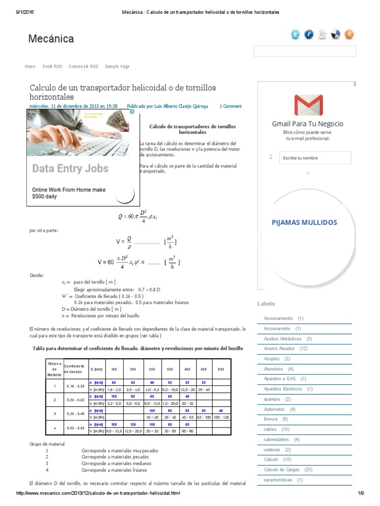 Mecánica _ Calculo de Un Transportador Helicoidal o de Tornillos Horizontales | PDF | Tornillo ...
