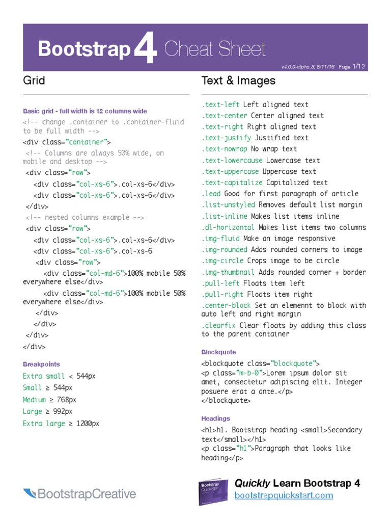 Bootstrap 4 Cheat Sheet Bc Pdf Bootstrap Front End Framework Computing 2713