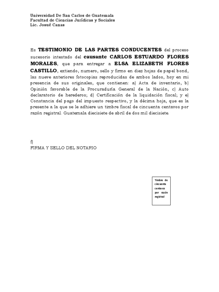 Ejemplo de TESTIMONIO de LAS PARTES CONDUCENTES de Un Proceso Sucesorio ...