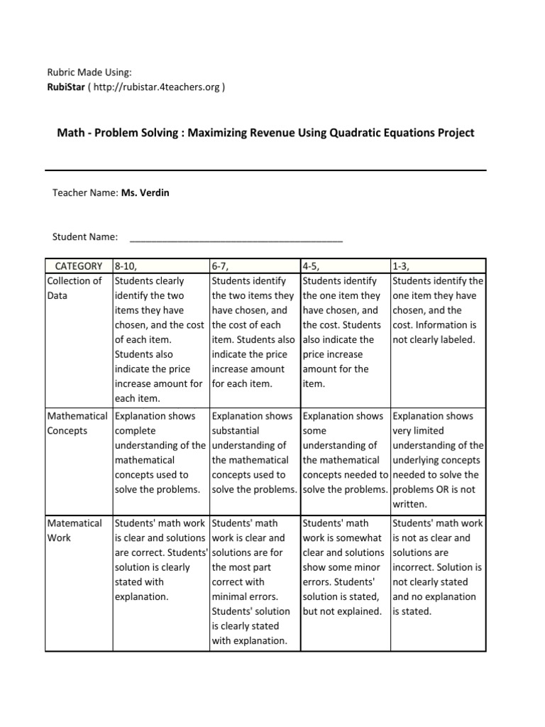 Project Rubric | Download Free PDF | Quadratic Equation | Teaching ...