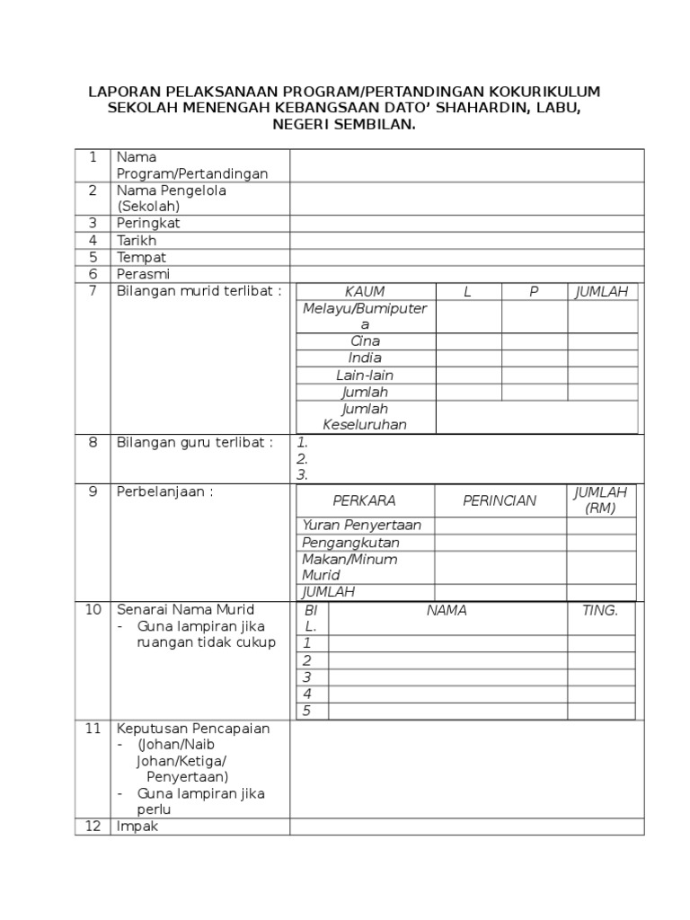 LAPORAN PELAKSANAAN PROGRAM KOKURIKULUM - Borang Kosong | PDF