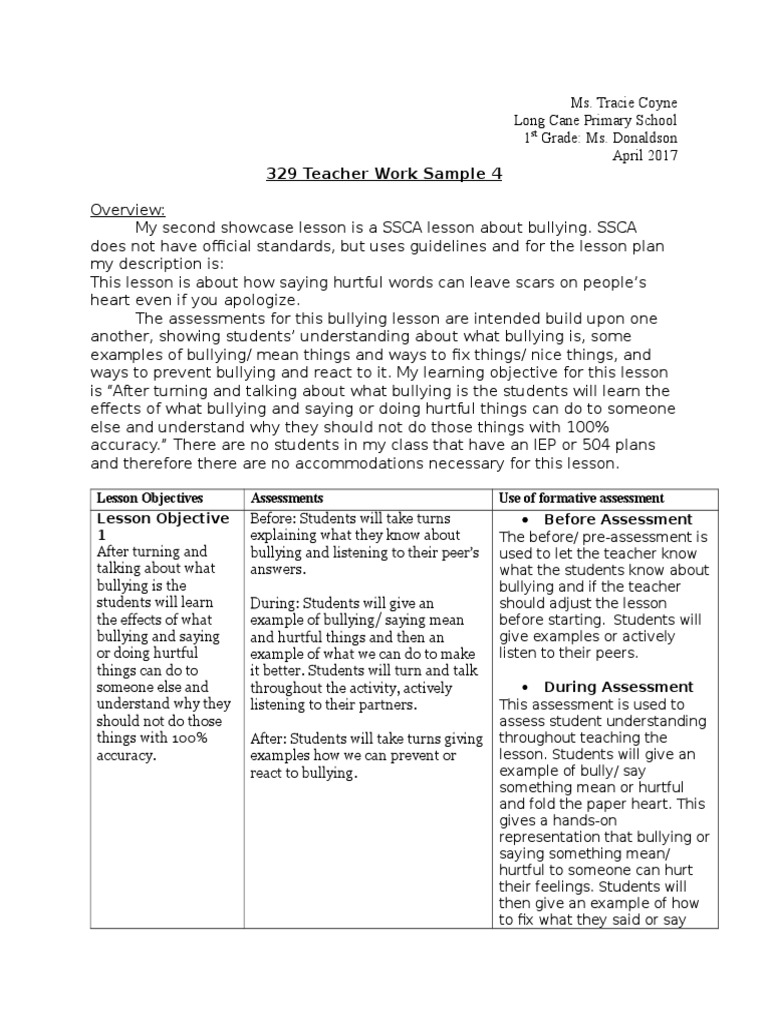 329 Teacher Work Sample 4: Lesson Objectives Assessments Use of Formative Assessment Lesson ...