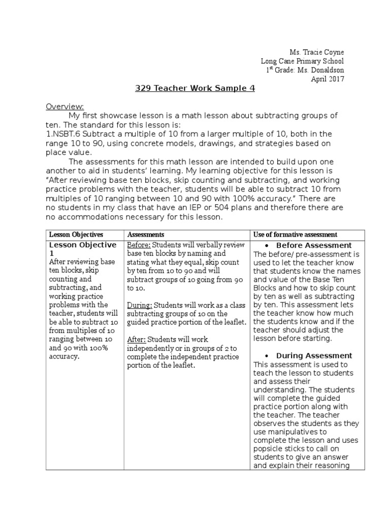 329 Teacher Work Sample 4: Lesson Objectives Assessments Use of ...