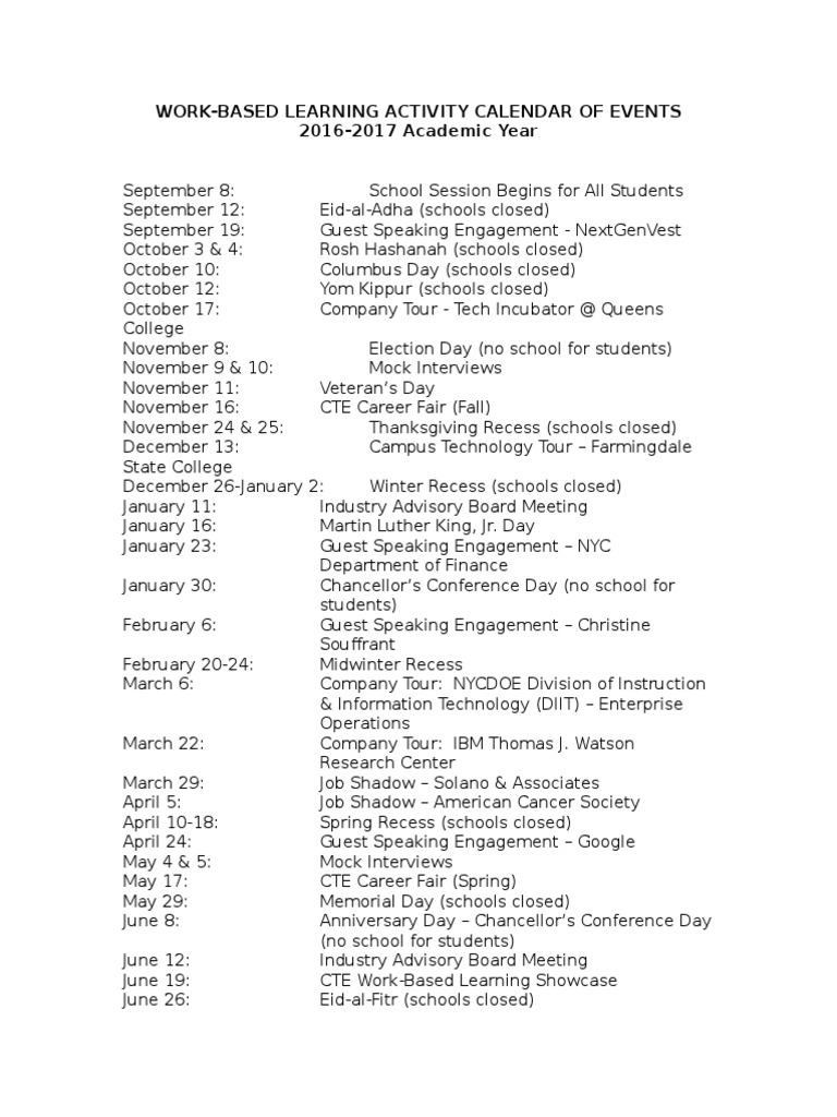 Work-Based Learning Events Calendar 2016-17 | PDF