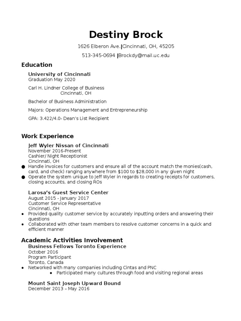Brock Destiny Resume | PDF | Career & Growth | Business
