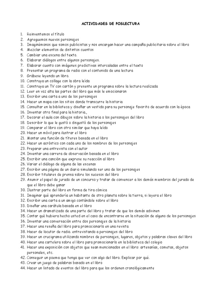 Actividades de Poslectura | Libros | Lectura (proceso)