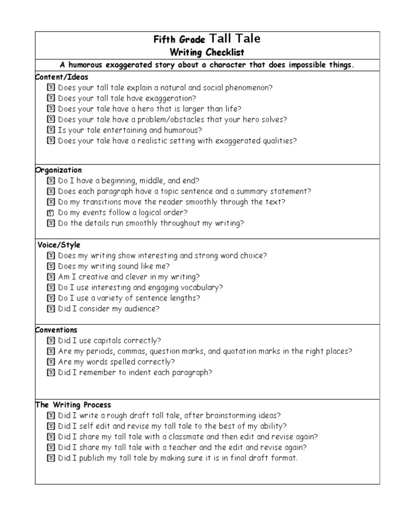 Fifth Grade Tall Tale Checklist | PDF | Language Arts & Discipline ...