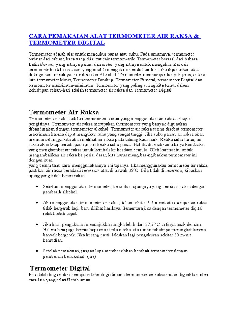 Cara Pakai Termometer Air Raksa | PDF