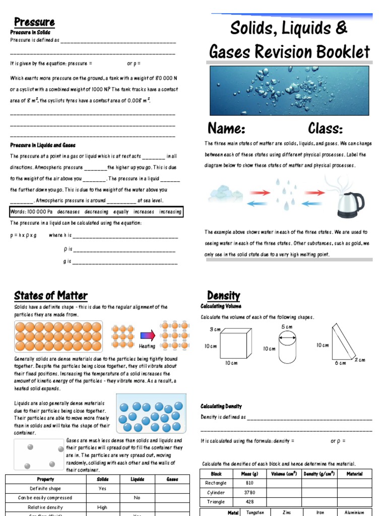 Soilds, Liquids & Gases Revision Booklet | PDF | Gases | Pressure