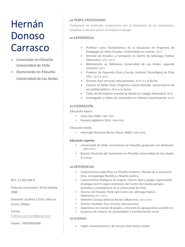 Curriculum Hernan Donoso Profesor Filosofia | PDF | Maestros | Universidad