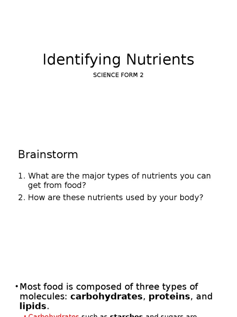 Identifying Nutrients | PDF | Carbohydrates | Chemical Compounds
