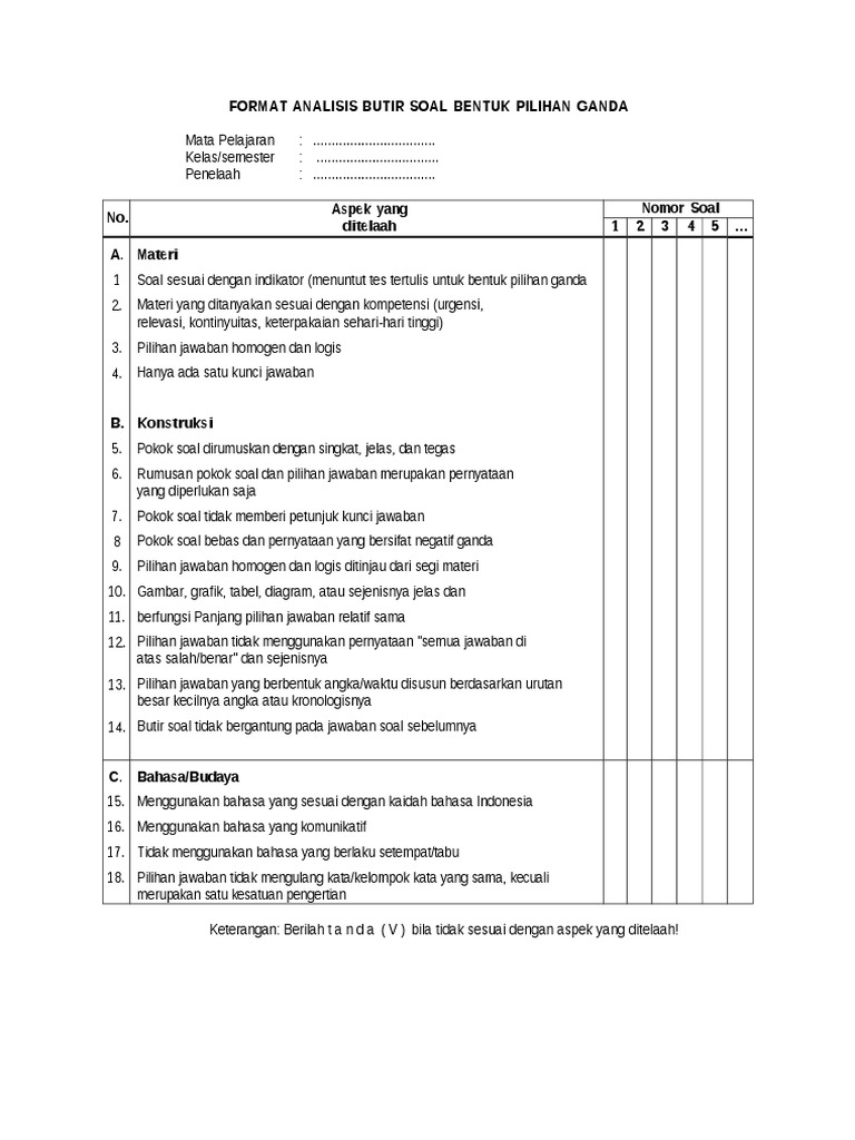 Format Analisis Butir Soal Bentuk Pilihan Ganda | PDF