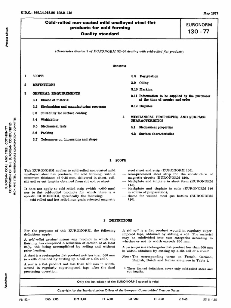 EURONORM 130 - 77 - Cold-Rolled Non-Coated Mild Unalloyed Steel Flat ...