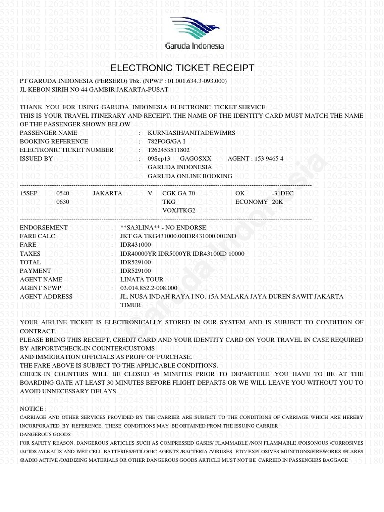 Garuda Indonesia Electronic Ticket Receipt | PDF | Dangerous Goods ...