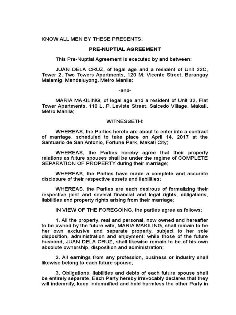 Pre-Nuptial Agreement Sample | PDF | Indemnity | Marriage