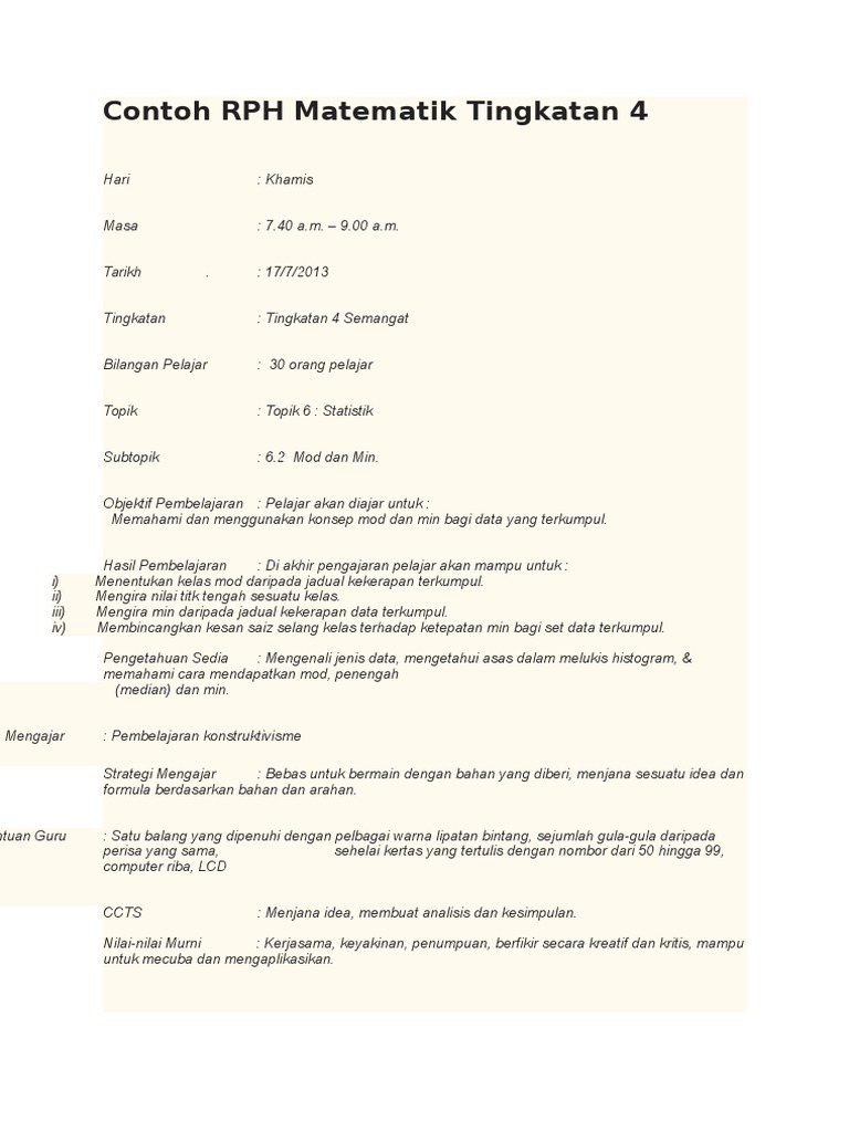 Contoh RPH Matematik Tingkatan 4 | PDF