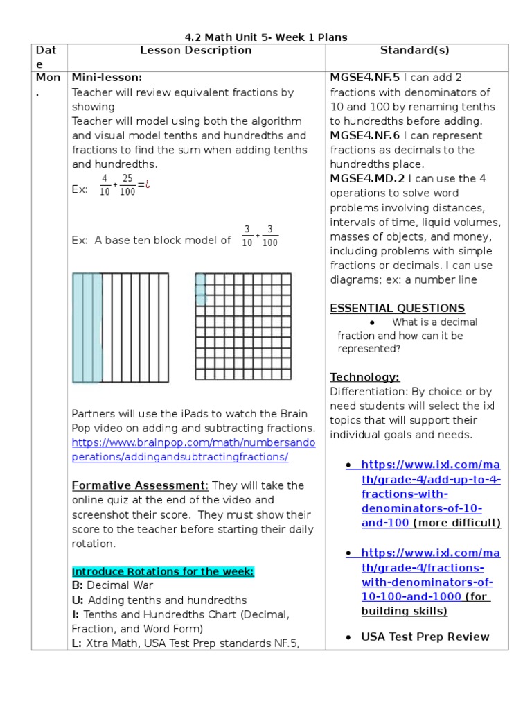Unit 5 Week 1 Plans Revised | PDF | Decimal | Fraction (Mathematics)