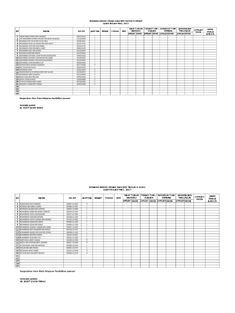 Borang Rekod Segak Dan BMI Mengikut Kelas | PDF