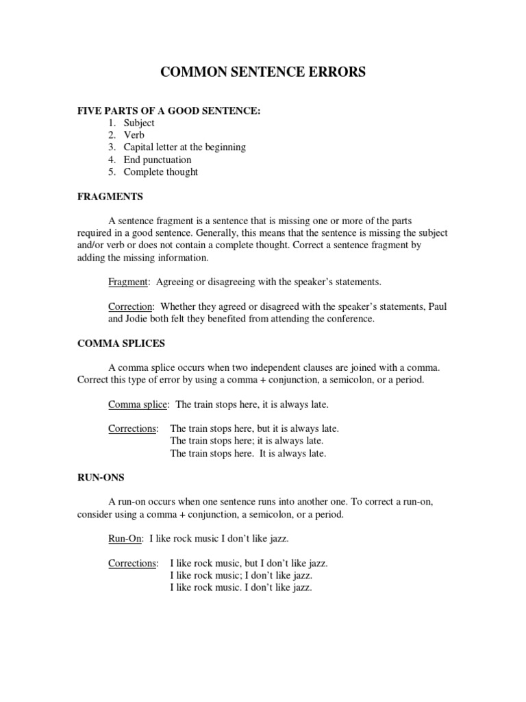 Common Sentence Errors PDF | Download Free PDF | English Grammar ...