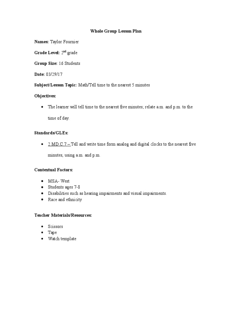 2nd Grade Math Lesson: Telling Time | PDF | Lesson Plan | Sharing