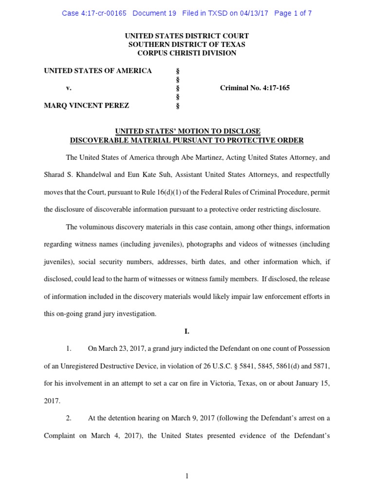 Protective Order for Marq Perez Case | PDF | Discovery (Law) | Grand Jury