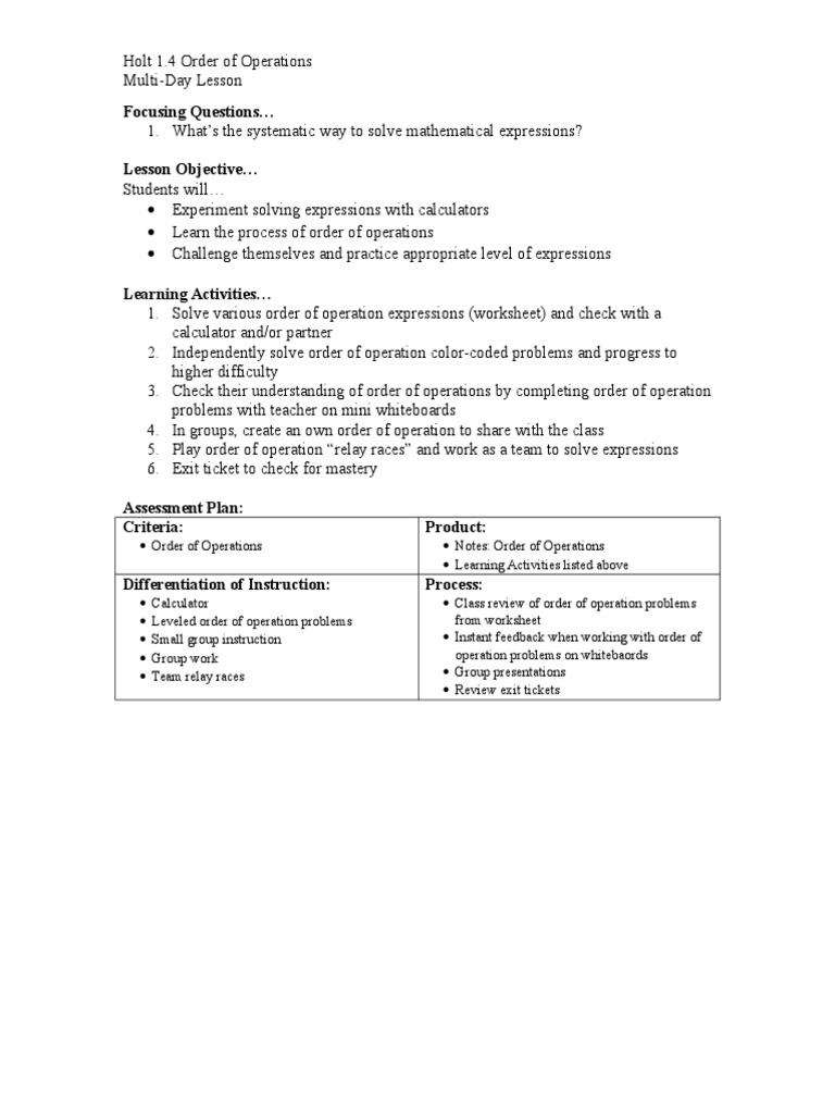 Order of Operations Lesson Plan | PDF | Computers | Technology ...