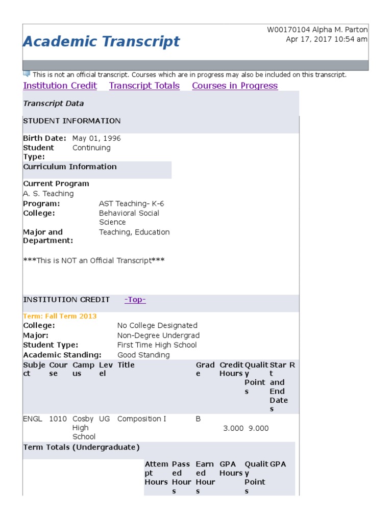 Academic Transcript | PDF | Undergraduate Education | Grading (Education)