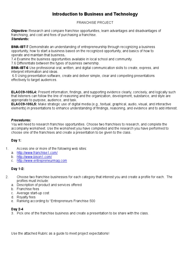 Franchise Project Outline and Guidelines | PDF | Franchising ...