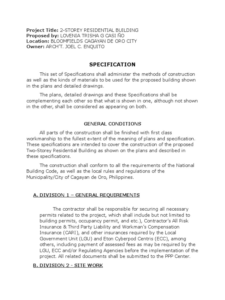 Specification 2 Strorey Residential (By Division) | PDF | Construction ...