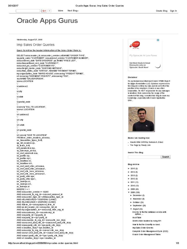 Oracle Apps Gurus - Imp Sales Order Queries | PDF | Sql | Application ...
