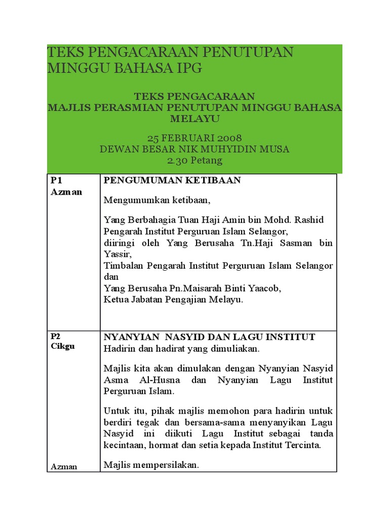 Teks Pengacaraan Penutupan Minggu Bahasa Ipg | PDF
