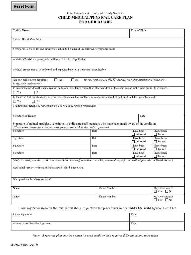 Ohio Child Care Medical Care Plan | PDF | Child Care | Relationships