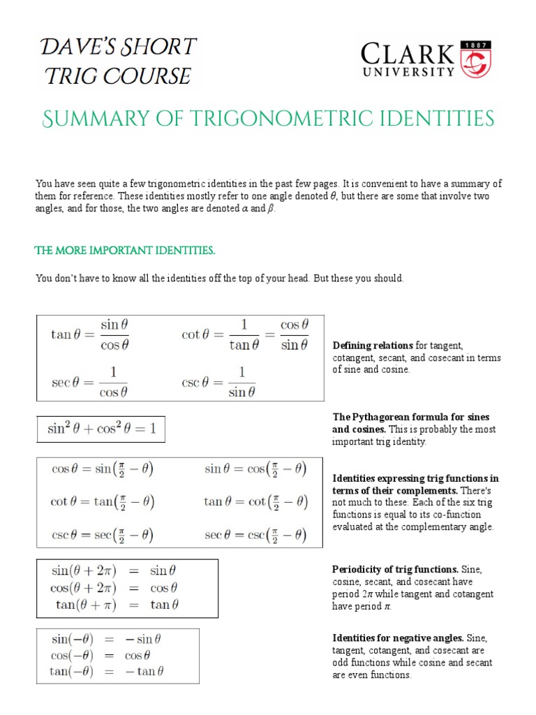 Summary of Trigonometric Identities | PDF | Trigonometric Functions ...