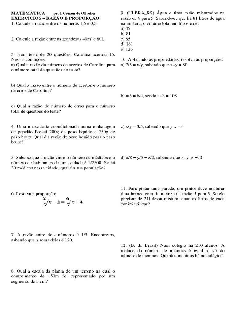 Exercícios - Razão e Proporção PDF | PDF Exercícios - Razão e Proporção PDF | PDF
