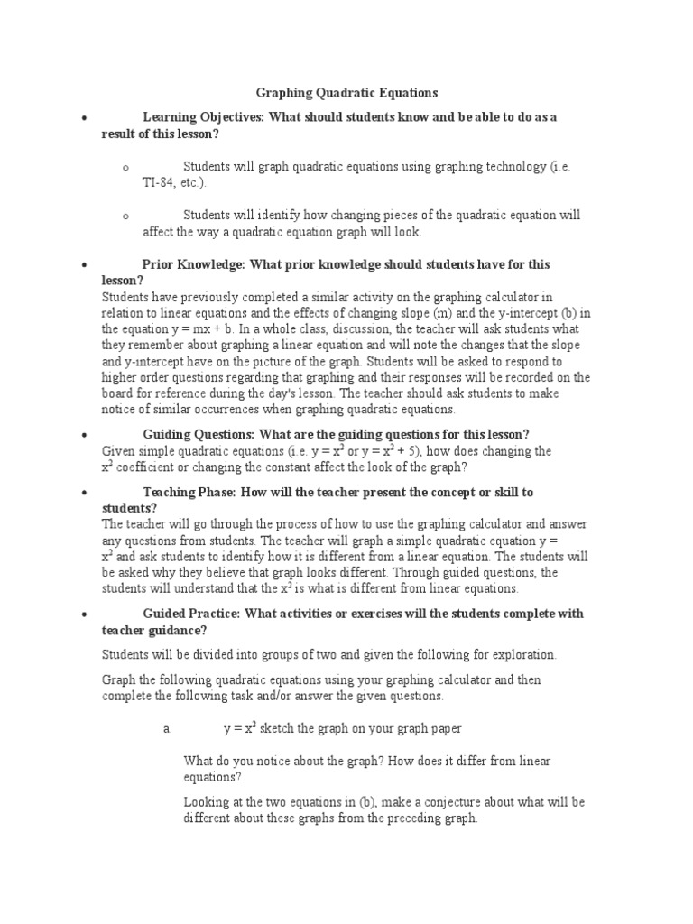 Graphing Quadratic Equations Lesson Plan | Download Free PDF ...