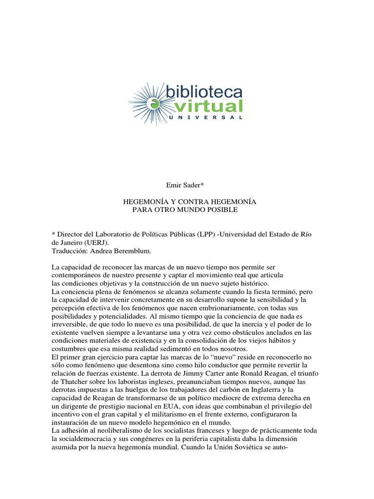Hegemonía y Contrahegemonía para Otro Mundo Posible Emir Sader | PDF ...