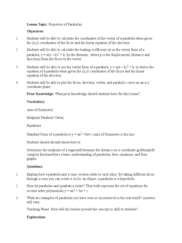 Properties of Parabolas Lesson Plan | PDF | Analytic Geometry | Geometry