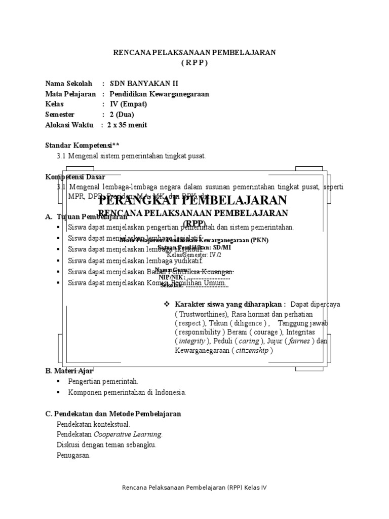 RPP PKN Kelas IV: Sistem Pemerintahan Pusat | PDF | Karier & Perkembangan