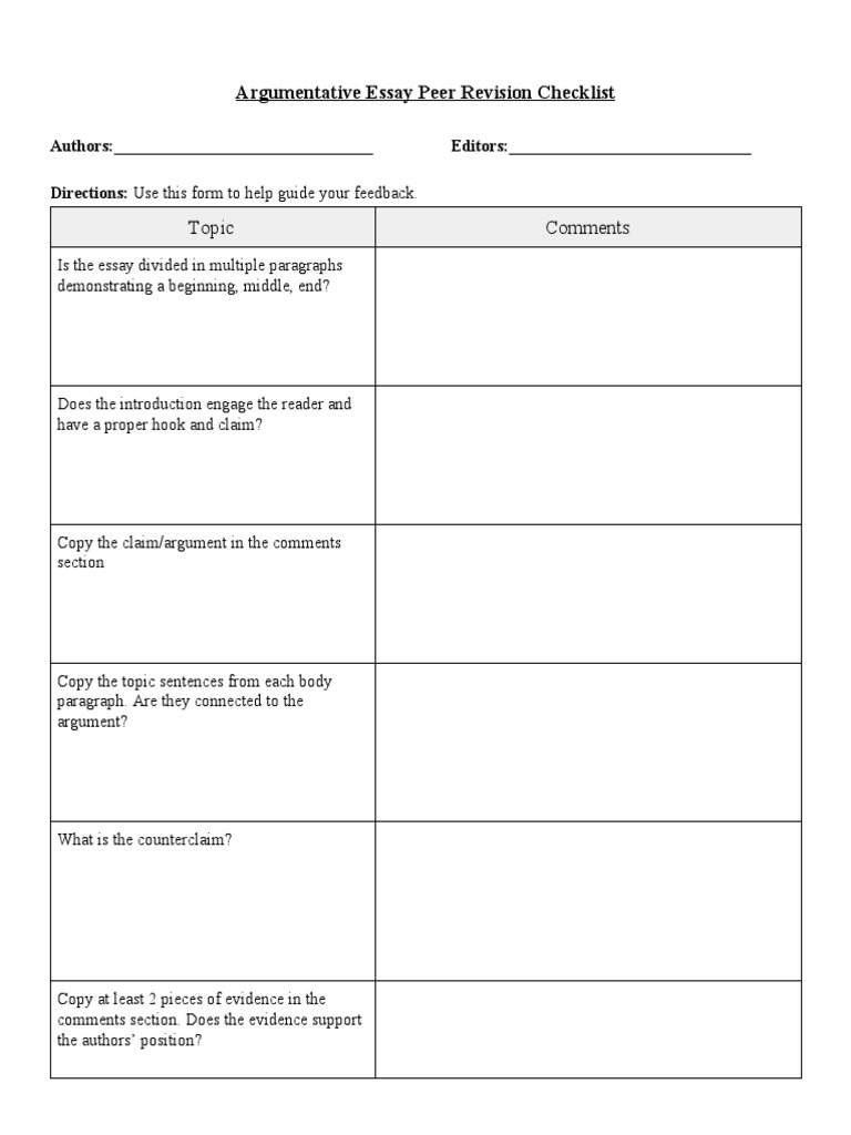 Topic Comments: Argumentative Essay Peer Revision Checklist